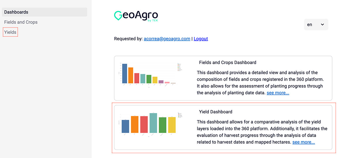 Average yield dashboard - Customer Portal - GeoAgro